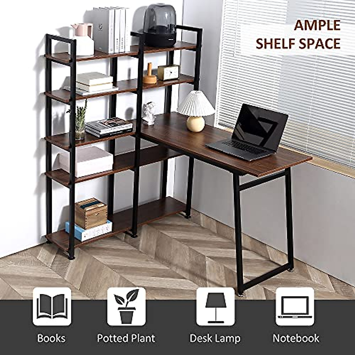 HOMCOM 5 Tier Versatile L-Shaped Computer Desk, Writing Table with Display Shelves and Metal Frame, Space-Saving for Study, Home Office, Walnut