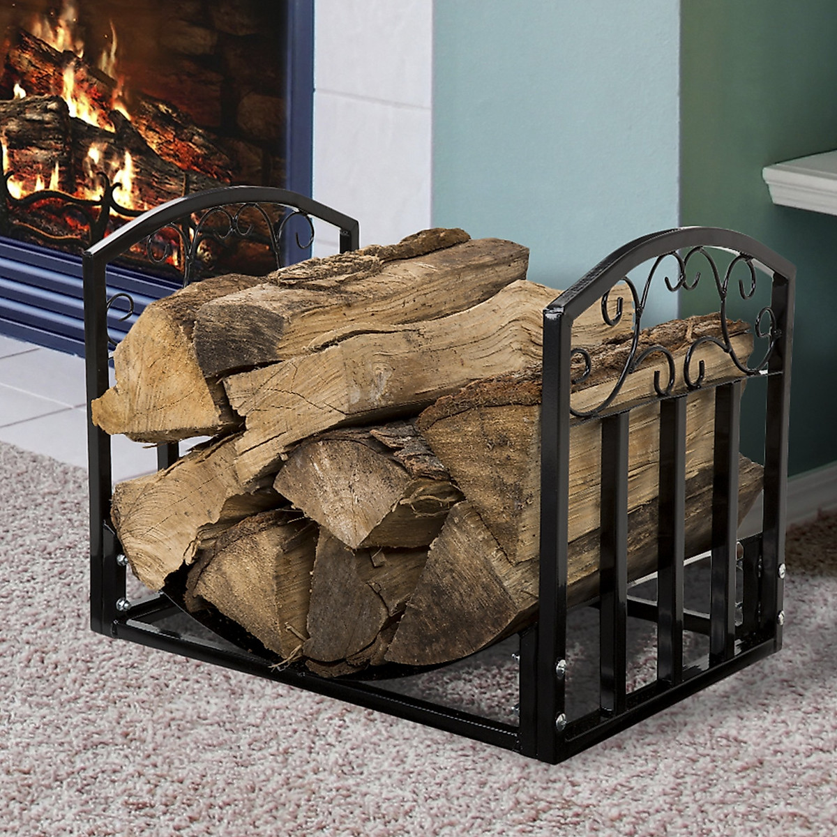 Pure Garden 50-126 Log Storage Rack-Metal Firewood Holder, Black