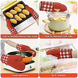 Oven Mitts and Pot Holders, 4 Piece Heat Resistant Thick Cotton Oven Mitts, Comfortable Cotton Oven Gloves for Cooking, Baking and Grilling, Red Plaid