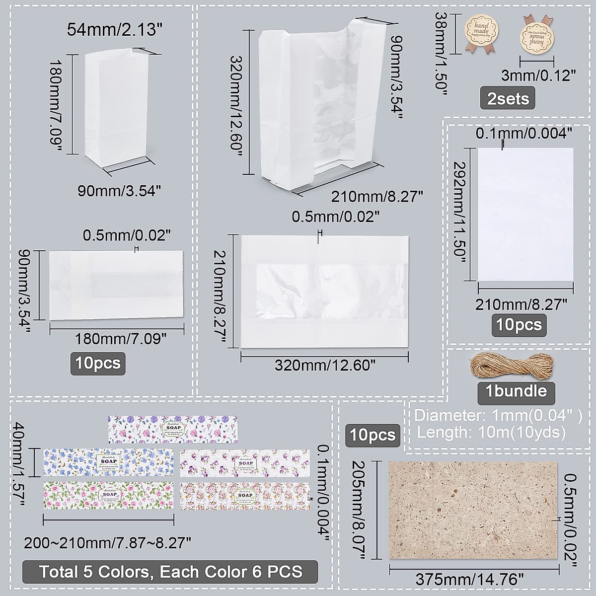 PH PandaHall Handmade Soap Packaging Kit, 30pcs Soap Wrappers 10pcs Greaseproof Wrapping Paper 12pcs Paper Bags 10 Sheets Bake Paper and 10 Yards Jute Cord for Homemade Soap Small Business