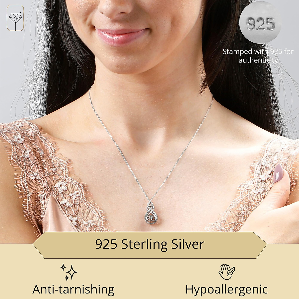 MAX + STONE 1/4 Carat Natural Diamond Two Hearts Dancing Diamond Forever Love Infinity Pendant Necklace for Women | 18” Sterling Silver Diamond Necklace for Women | Infinity Heart Necklace