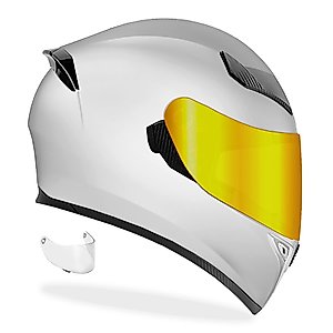 GDM Ghost Full Face Motorcycle Helmet with Clear and Gold Shields (Pearl White, Medium)