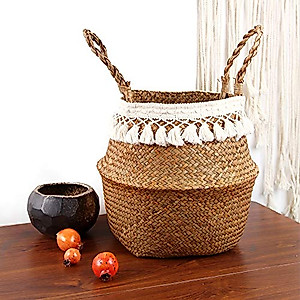 BlueMake Boho Woven Seagrass Belly Basket for Storage Plant Basket or Toy Basket Living Bathroom (Large, Beige)