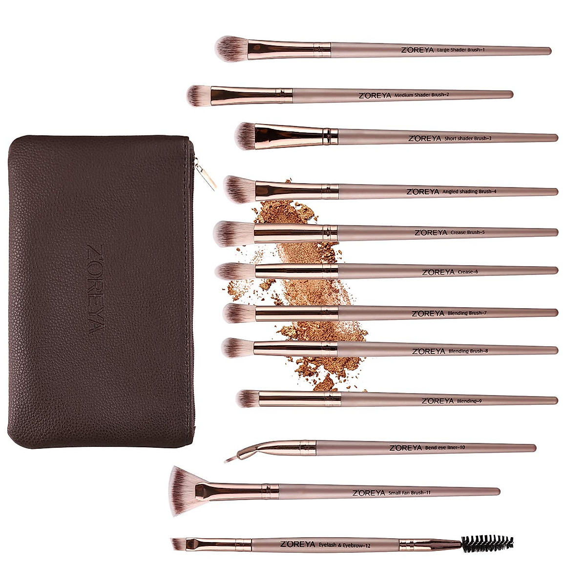 Z'OREYA Eye Makeup Brushes, 12 Pcs Professional Eye Brush Set Eyeshadow, Eyebrow, Blending, Fan, Eyelash Brush Set With Carrying Bag(Champagne Gold)
