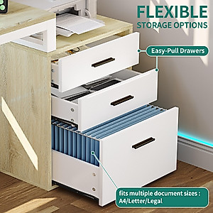 YITAHOME L Shaped Desk with Power Outlets, 65" Computer Desk with 3 Drawers & 4 Storage Shelves, Corner Office Desk with LED Lights & Printer Stand, Oak & White