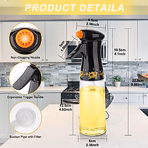 Honbuty Olive Oil Sprayer for Cooking - 200ml Glass Oil Dispenser Bottle Spray Mister - Refillable Food Grade Oil Vinegar Spritzer Sprayer Bottles for Kitchen, Air Fryer, Salad, Baking, Grilling