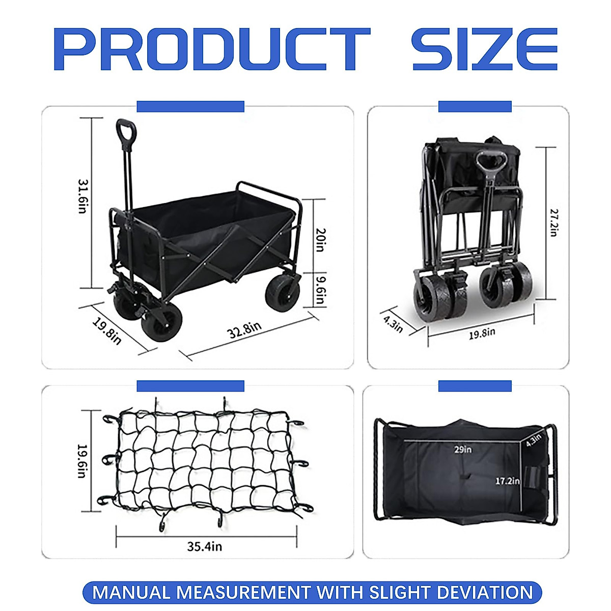 koity Heavy Duty 250 Lbs Capacity Collapsible Wagon with Cargo net, Outdoor Folding Camping Utility Cart, Adjustable Rolling Carts, All Terrain Sports Beach Wagon cart with Wheels Foldable