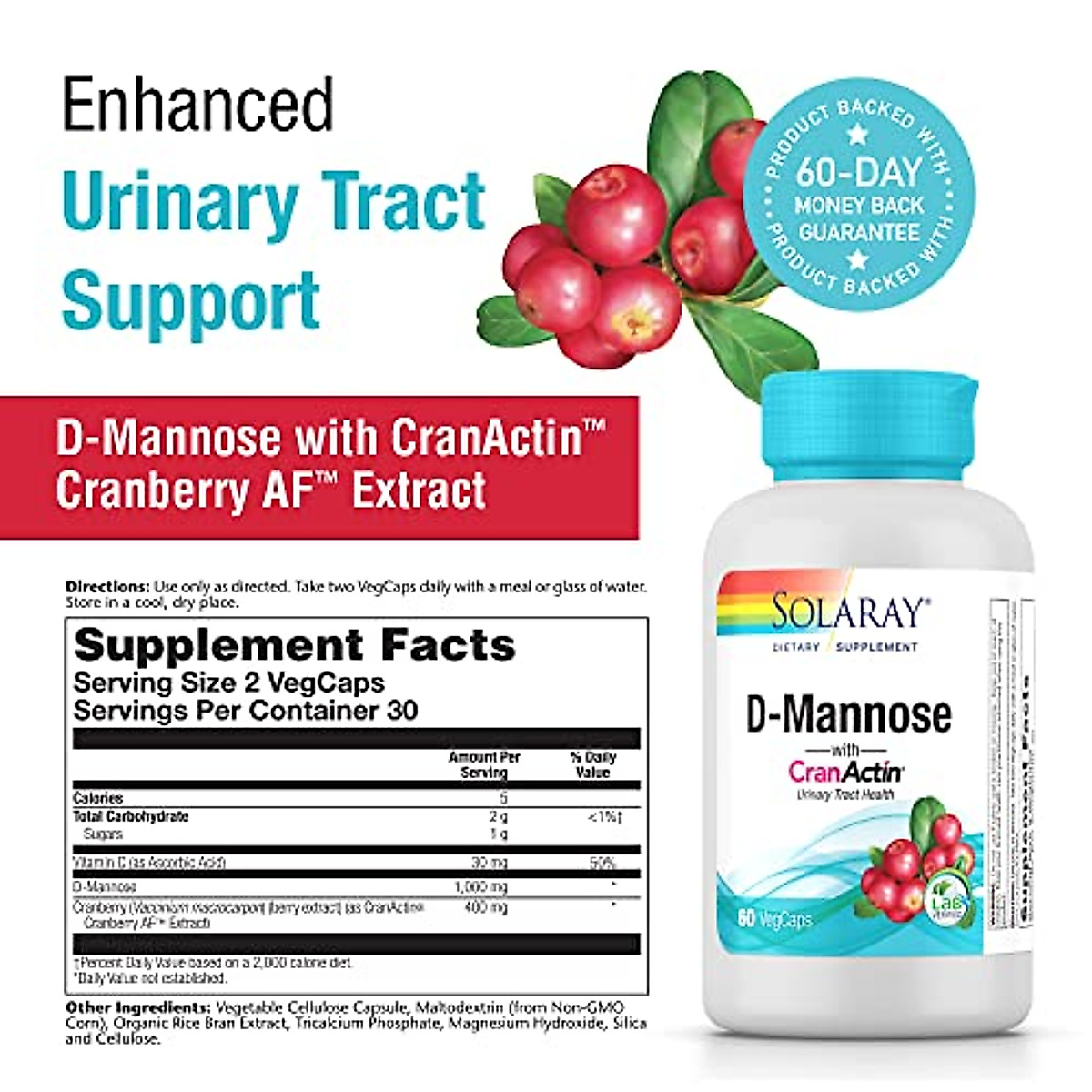 SOLARAY CranActin D-Mannose, Urinary Tract Health, 1,000 mg, 60 VegCaps