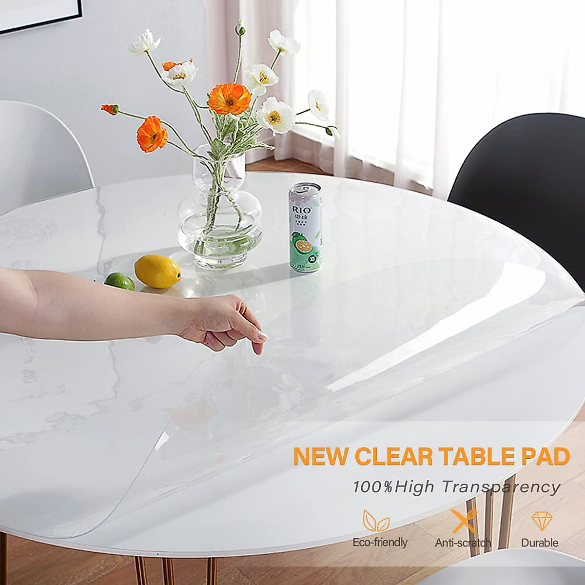 VeeCano 54 Inch Round Clear PVC Table Protector Kitchen Countertop Cover Protector Waterproof Table Cover Rectangle Plastic Tablecloth Vinyl Non Slip Oblong for Circle Coffee Dining Table 1.5mm Thick