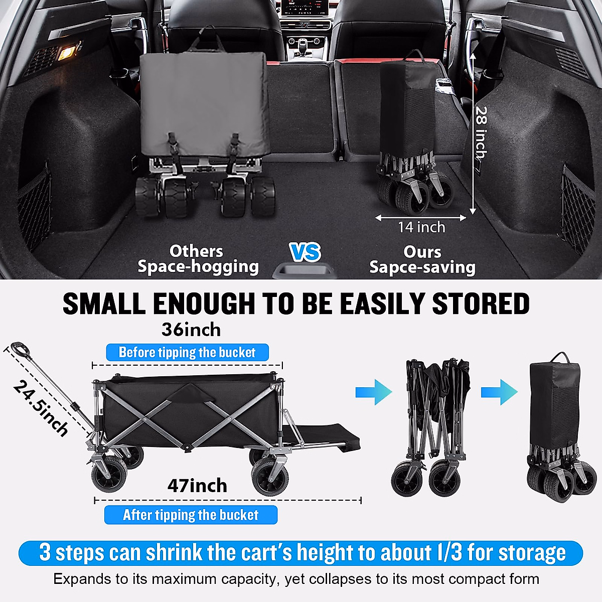 DELOTA Collapsible Foldable Wagon, Beach Wagon Cart Heavy Duty Foldable with 330lbs, Big All-Terrain Beach Wheels & Drink Holders, Lounge Wagon for Shopping, Sports, Camping and Garden