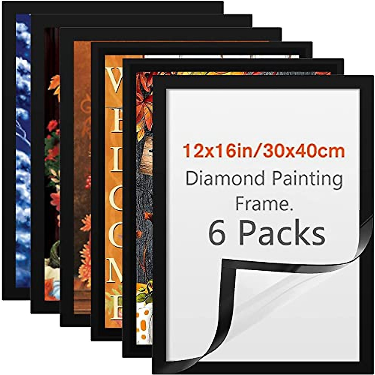 AOSGEDY 6 PACK Diamond Painting Picture Frames for 30x40cm, Diamond Art Canvas Frames 12" x 16", Self Adhesive Diamond Magnetic Art Frame, Frames for Wall Window Door Black, Inside Size 10" x 14"