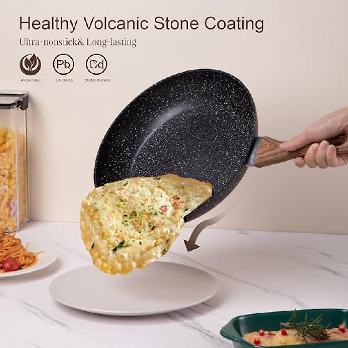 Leetaltree Nonstick Cookware Sets - 16 Pieces Pots and Pans with Utensils and Steamer, Nonstick Cast Aluminum Kitchen Cookware with Bakelite Handles, Non Toxic, PFOS/PFOA Free (Black)