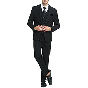 Mens Notch Lapel Modern Fit Suit Blazer Jacket Tux Vest and Trousers Set Three-Piece,Black,Large