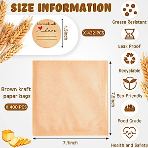 Outus 400 Pcs Heat Sealable Bakery Bags with Window Grease Resistant Kraft Cookie Bags Pastry Bags with Paper Stickers for Packaging Donut Bread Cookie Goods Sandwich Baked Treat (7.1 x 7.5 Inch)