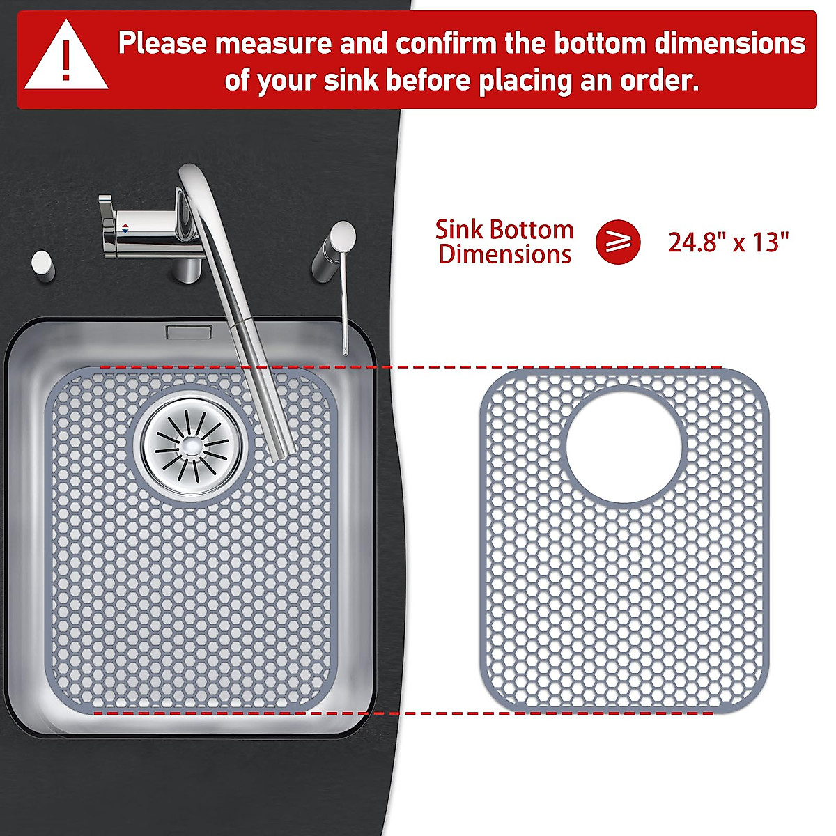 Bestjing Silicone Sink Protector, 13.58''x 11.6'' Rear Drain Kitchen Sink Mats Accessory, Folding Non-Slip Heat Resistant Sink Mat Grid for Bottom of Stainless Steel or Porcelain Sink (Rear Hole)