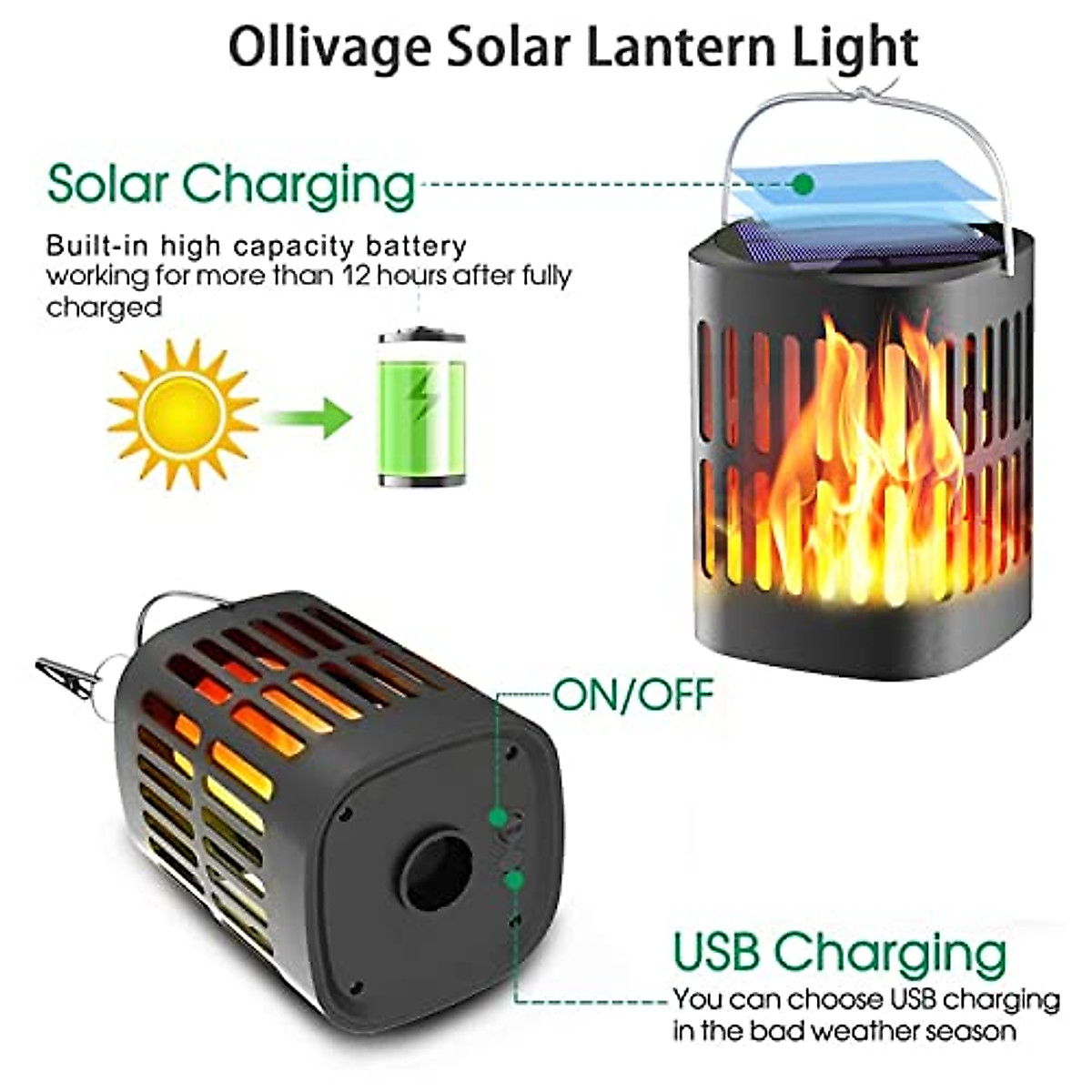 Ollivage Solar Flame Lantern Light, Solar Torch Light Outdoor Hanging Lantern Lights Decoration Lighting Solar Powered Garden Light Dusk to Dawn Auto Turn On/Off for Tree Pathway, 2 Pack