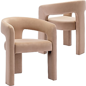 Wahson Velvet Modern Dining Chairs, Set of 2 Upholstered Barrel Dining Chair, Assembled Accent Armchairs with Open Back for Dining Room/Living Room, Khaki