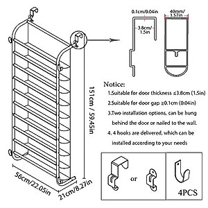 FKUO 10-Tier Over The Door Shoe Organizer Hanging Shoe Storage with 2 Customized Strong Metal Hooks for Closet Pantry Kitchen Accessory - Space Saving Solution (10 Layer, White&Hooks)