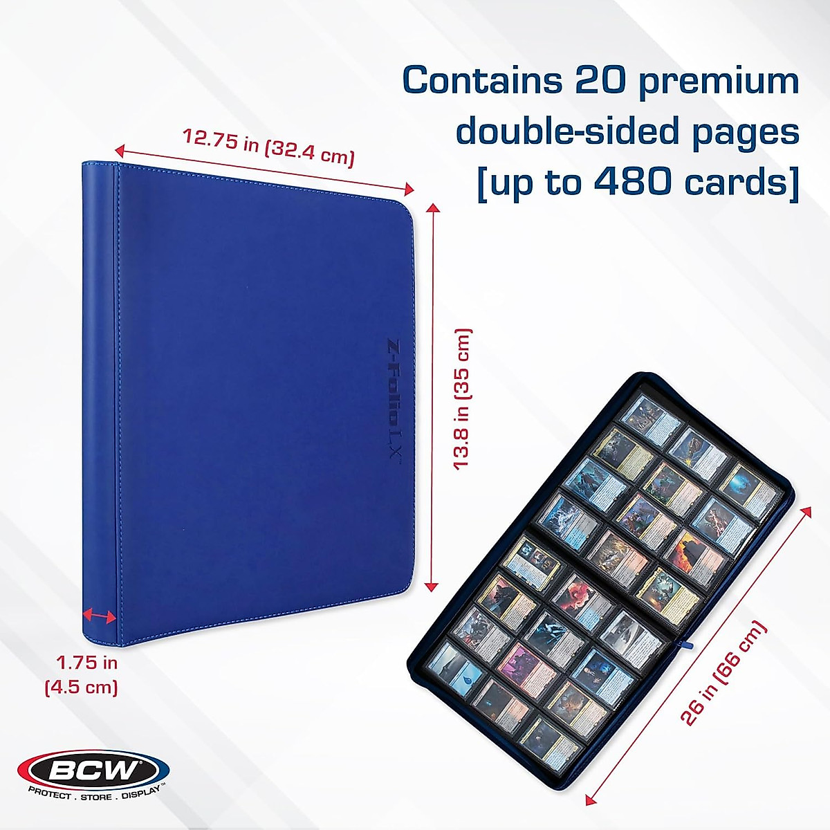 BCW Z-Folio LX Zipper Portfolio - Premium Blue Leatherette 12-Pocket Playset Album - Secure Zipper - 480 Card Capacity - Card Collector's Dream - Card Organizer - Trading Card Storage