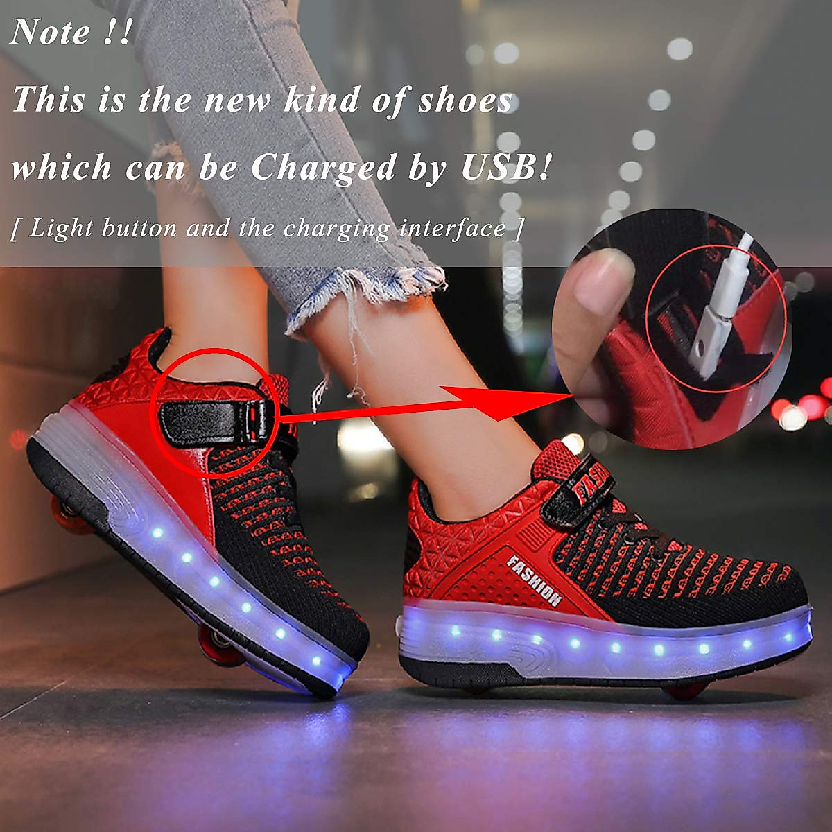 Ufatansy LED Shoes USB Charging Flashing Sneakers Light Up Roller Shoes Skates Sneakers with Wheels for Kids Girls Boys(4 M US =CN36, Double Wheel, Red)