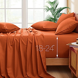 Horbaunal Extra Deep Pocket Full Sheets - Fits Mattress 18-24 Inches Deep - 6 Pieces Hotel Luxury 1800 Thread Count Microfiber Sheet Set - Ultra Soft Burnt Orange Full Size Bed Sheets