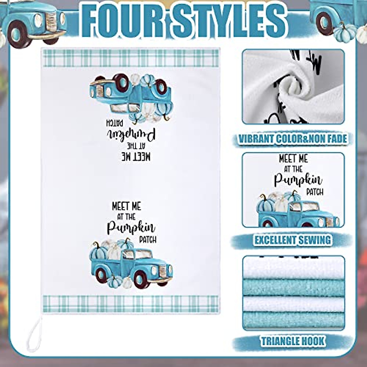 Sratte 4 Pcs Fall Kitchen Towels 16 x 24 Inch Blue Pumpkin Dish Towels Thanksgiving Decorative Tea Towels Autumn Harvest Hand Towels Blue White Absorbent Dishcloth for fall Home Bathroom Kitchen Decor