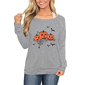 FLOYU Pumpkin Face Sweatshirt Women Halloween Off The Shoulder Tops Fall Pumpkin Pullover Halloween Long Sleeve Clothes Grey