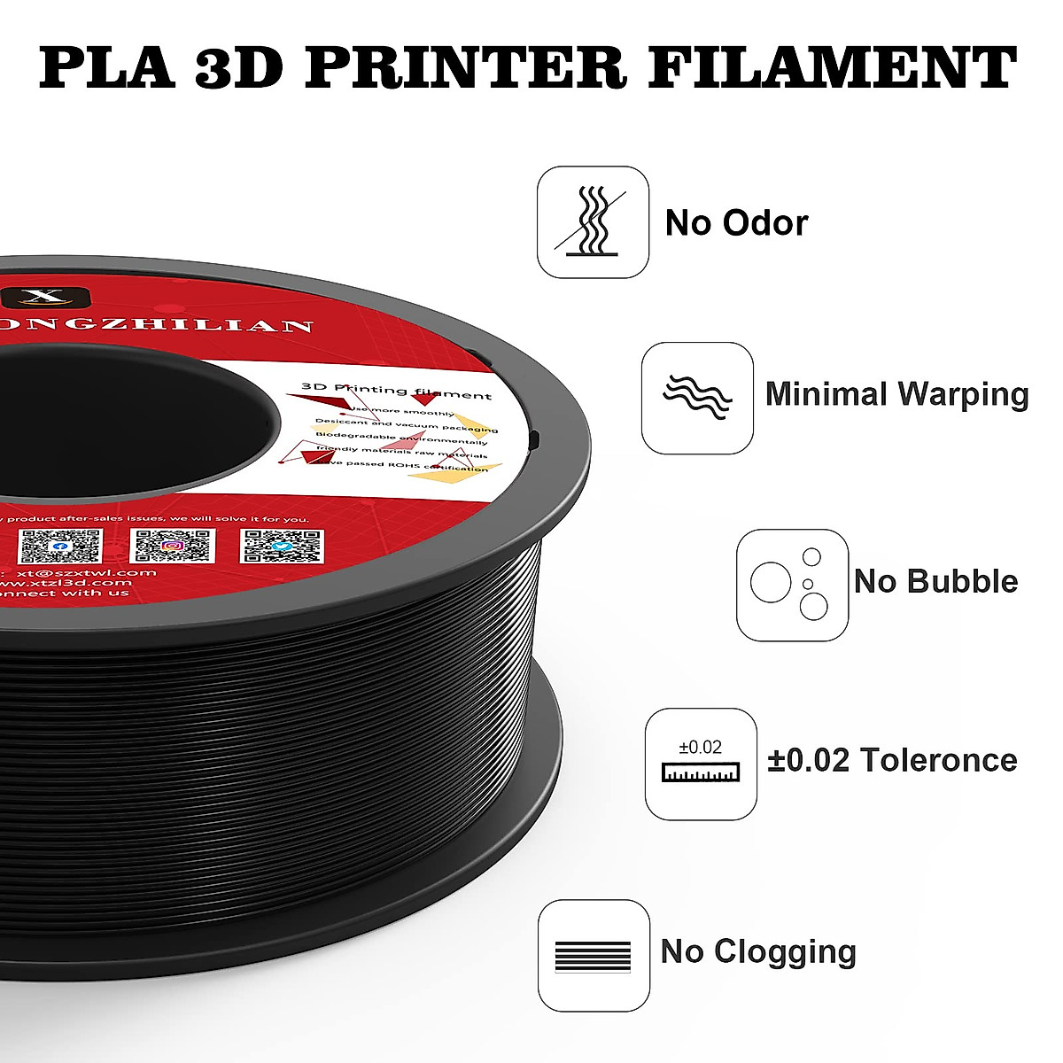 PLA 3D Printer Filament, PLA Filament 1.75mm for 3D Printing, Dimensional Accuracy +/- 0.02mm, Black 1kg Spool (2.2lbs)