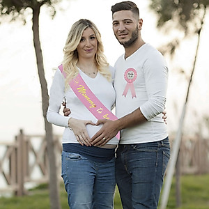 SKJIAYEE Baby Shower 'Mommy to Be' and 'Daddy to Be' Badge Pins and Sash Kit(3 pcs, Pink) for Girl, Welcome Baby Gender Reveals Party Baby Sprinkle Gifts