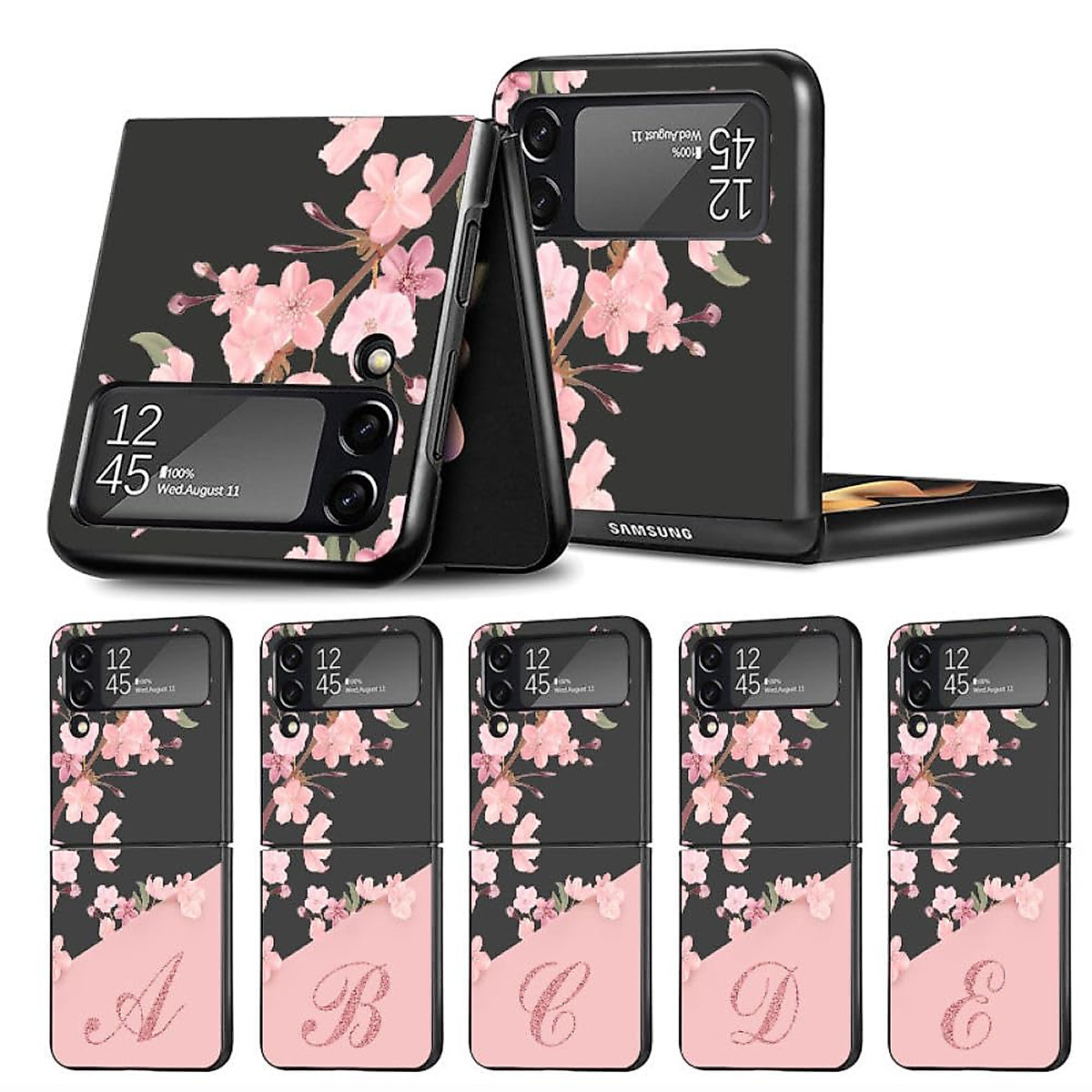 Flower Letter Pink A B C Initial Case for Samsung Galaxy Z Flip 3 4 5G Black Hard PC Phone Housing,Z5,for Z Flip4 5G