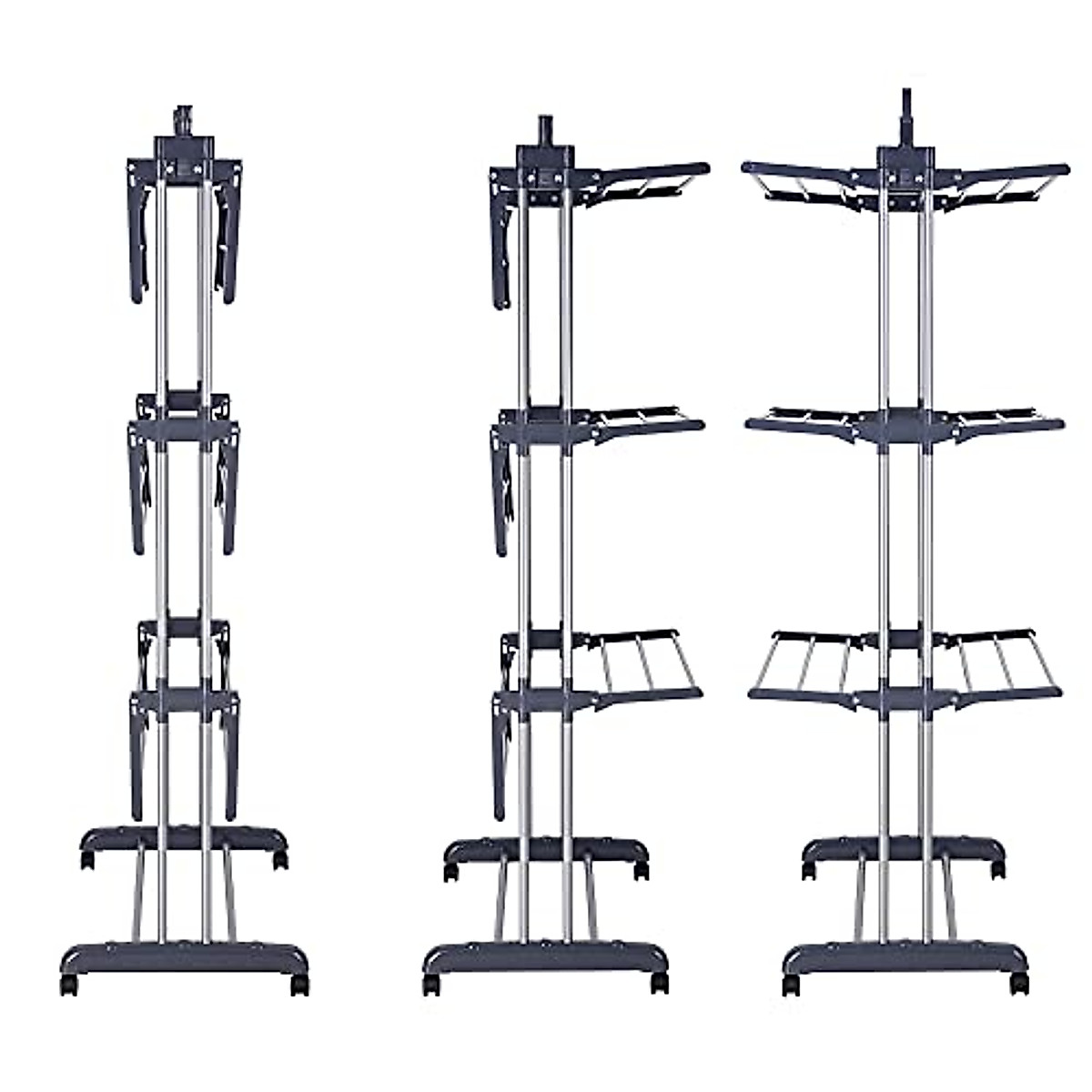 Aquaterior Folding 3 Tier Clothes Drying Rack Rolling Collapsible Garment Laundry Dryer Hanger Stand Rail Indoor Dark Grey