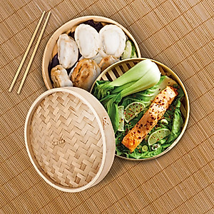 Bamboo Steamer 10 Inch - Basket 2 Tier Steam Cooker Pot for Rice, Dim Sum, Fish, Vegetable & Meat – Set of Two Bamboo Chopsticks, Steamer Liner and Steamer Basket