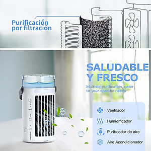 Portable Air Conditioner, Hommie 5 in 1 Personal Mini Air Cooler with 2 Fans, 8 Colors LED Light and 3 Speeds, Small Desk Mini Ac Evaporative Cooler Fanfor Personal Use Small Room