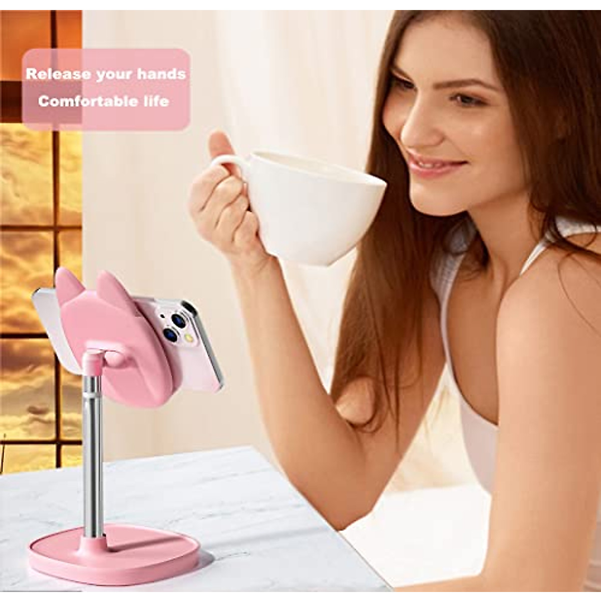 Hearsky Cute Cat Phone Stand, Cat Head Cell Phone Holder for Desk,Angle&Height Adjustable Compatible with All Smartphone,iPhone,Samsung,Tablet,iPad-Pink