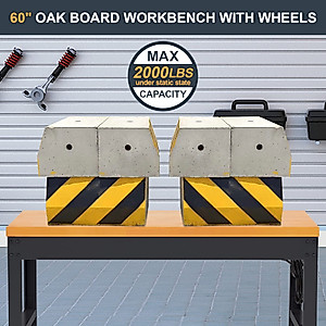 AHB 60" Rolling Workbench Adjustable Height, Oak Wood Work Table with Power Outlets, Max 2000 LBS, Heavy Duty Workstation for Garage Office Home, with Wheels & Feet(Black 60"x 22")