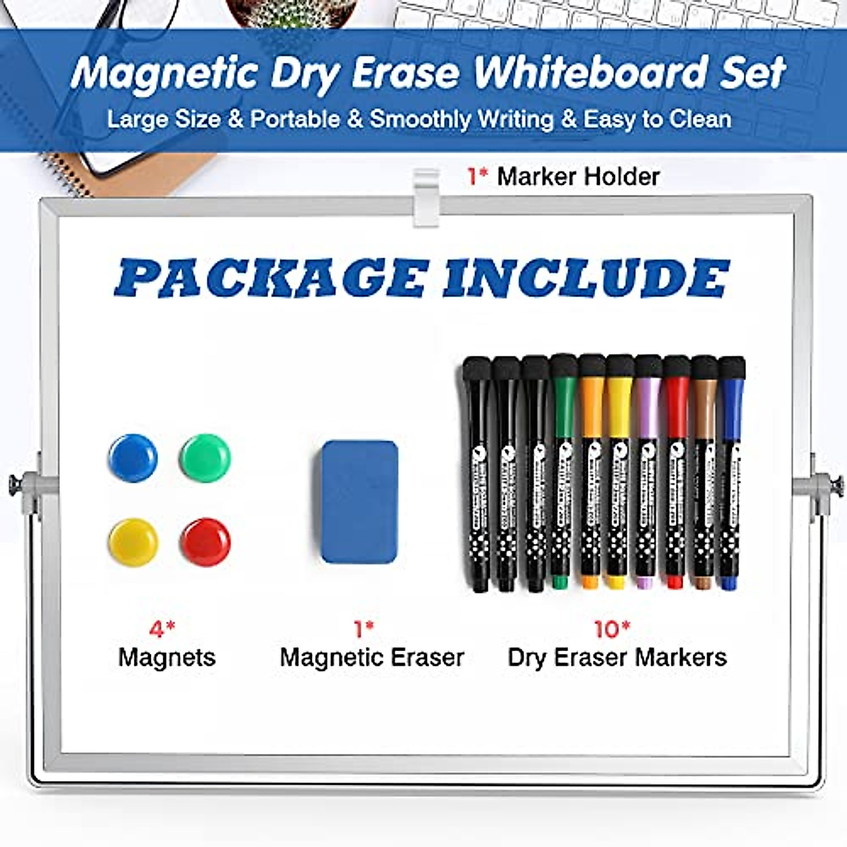 Dry Erase White Board, 16"X12" Double-Sided Magnetic Whiteboard with 10 Markers, 4 Magnets, 1 Eraser, Small White Board Withe Stand, White Board Easel for Kids Drawing Memo to Do List Wall School