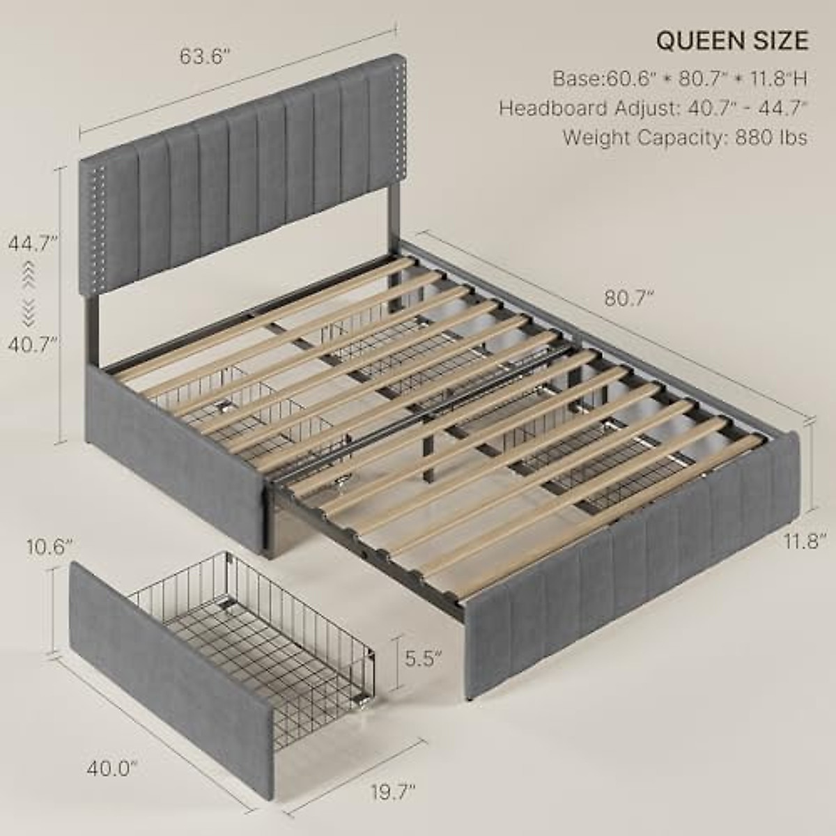 Gizoon Queen Bed Frames with 4 Storage Drawers on Wheels and Headboard Adjustable, Fits 6" to 12" Mattress, No Box Spring Needed (Light Grey)