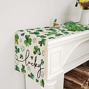Siilues St Patricks Day Table Runner, Lucky St Patricks Day Decoraions Green Shamrock Seasonal Spring Holiday Table Decorations for Indoor Outdoor Dining Table Decor (13'' x 72'')