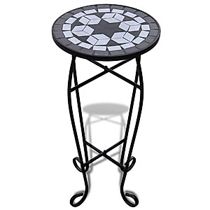SecondBoy Black White Finish Outdoor Side Table Patio Table Garden Plant Stand Iron Frame Scroll Leg Round Top Ceramic Geometric Mosaic