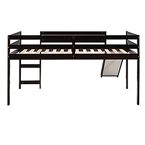 LostCat Twin Loft Bed with Slide, Low Loft Bed with Stairs and Chalkboard, Wood Twin Bed Frame for Kids with Slide, Space-Saving Wooden Child Bed Frame for Boys or Girls, Espresso