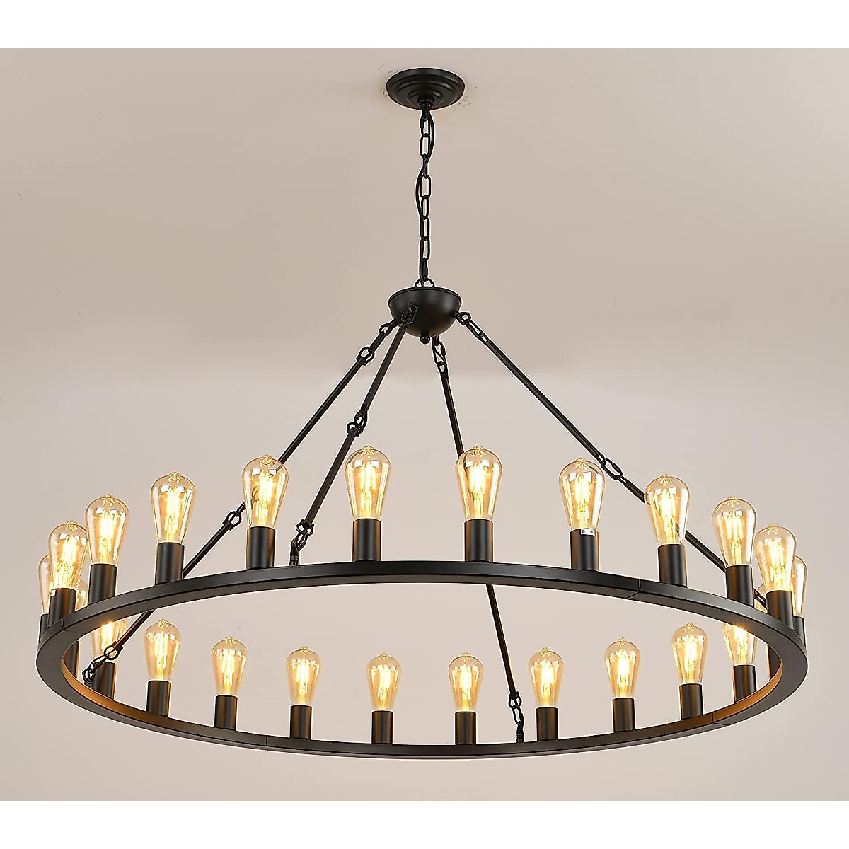 celimi Wagon Wheel Chandelier Large Black Round Modern Farmhouse Light Fixtures for High Ceilings, Dining Room,Living Room (24-lights)