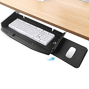 28"Wx10"D Under Desk Mounted Keyboard Tray with Mouse Platform Steel Keyboard Tray Under Desk Slide with Rotational Mouse Platform, Black Keyboard Drawer Desk Extender