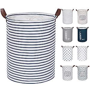 FRIENDIY Large Laundry Hamper, Removable Laundry Basket, foldable fabric laundry basket, drawstring waterproof round cotton linen storage basket. (Blue Strips, 17.7"/Medium)
