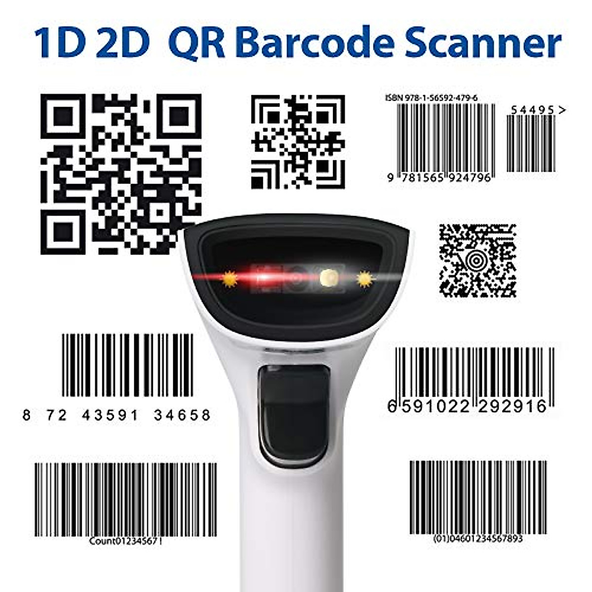 Sumicor 2D Bluetooth Barcode Scanner with Stand, 3 in 1 Compatible with Bluetooth & 2.4GHz Wireless & Wired Connection, USB Image Cordless QR Code Scanner for Smart Phone Tablet PC
