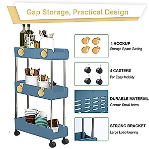 Slim Storage Cart, 3 Tier Mobile Shelving Unit Organizer, Slide Out Rolling Utility Cart Shelf Rack for Kitchen Bathroom Laundry Room Narrow Places, Plastic & Stainless Steel, Navy Blue