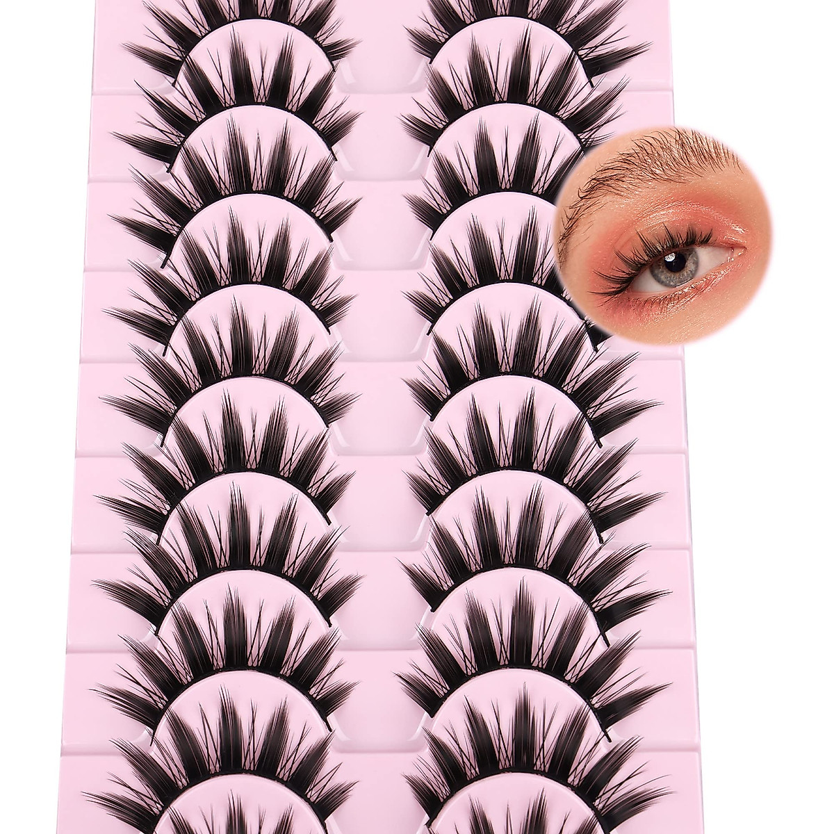 False Eyelashes 10 Pairs Manga Lashes Japanese Style Anime Lashes Thick Cosplay Lashes Natural Look 16 MM Spiky 8D Wispy Faux Mink Lashes Full Strip Doll Lashes by FANXITON
