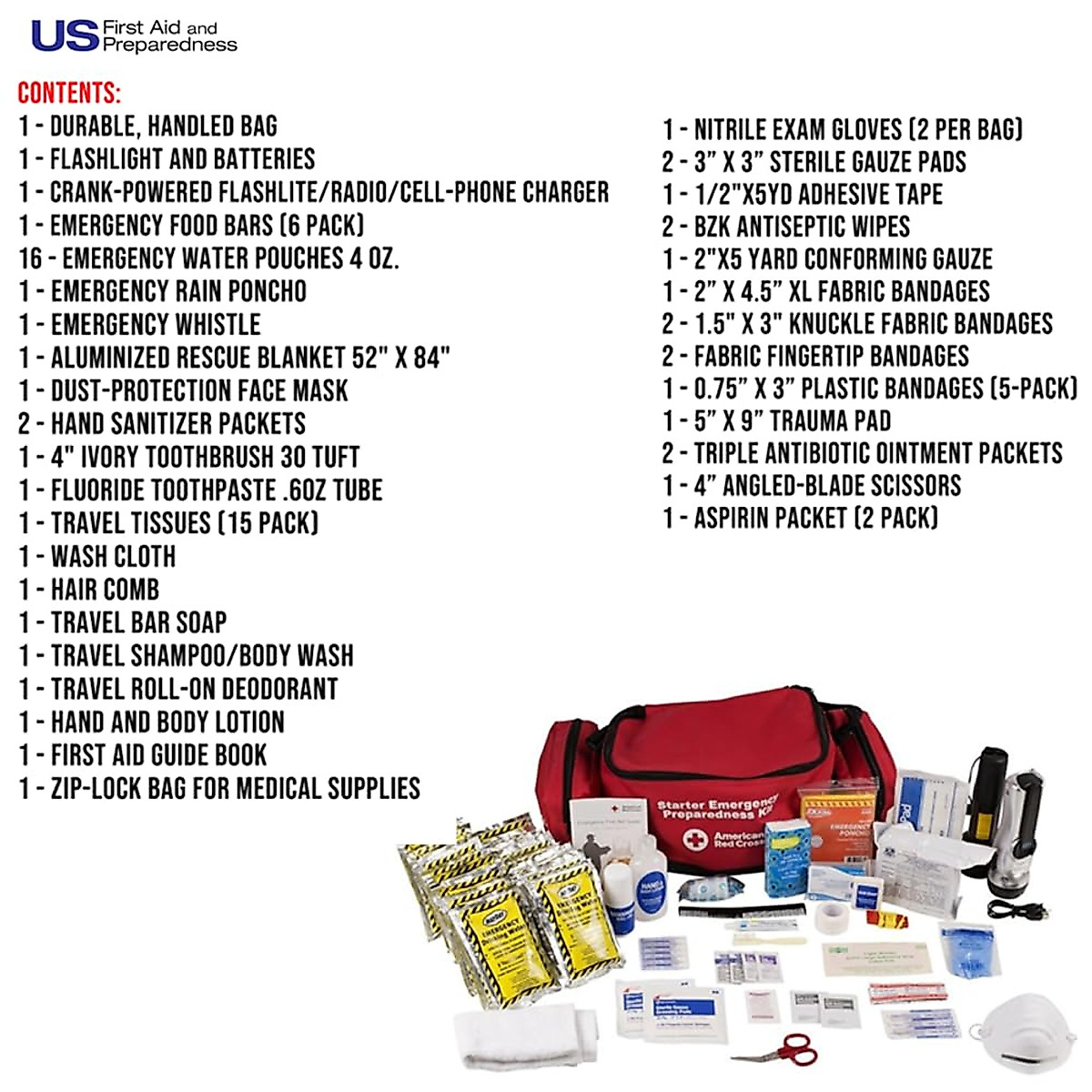 American Red Cross Officially Licensed Product, First Aid Concepts Basic Emergency Preparedness Starter Kit, 12 Hour Survival Supplies for 1 Person, Water, Phone Charger, Blanket, Food