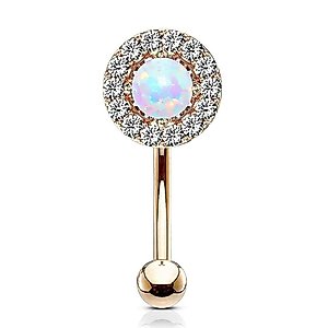 Prong Set Opal Center with CZ Paved Surrounding 316L Surgical Steel Eyebrow Rings/Curved Barbells (Rose Gold/Opal White)