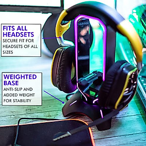 Tilted Nation RGB Headset Stand and Gaming Headphone Stand for Desk Display with Mouse Bungee Cord Holder - Gaming Headset Holder with USB 3.0 Hub for Xbox, PS4, PC - Perfect Gaming Accessories Gift
