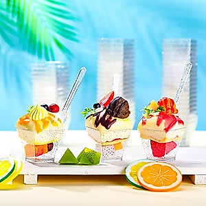 Meanplan 160 Pack 2oz Glitter Plastic Dessert Cups with Spoons 160 Disposable Square Plastic Dessert Cups and 160 Glitter Spoons for Party Dessert Appetizers (Silver)